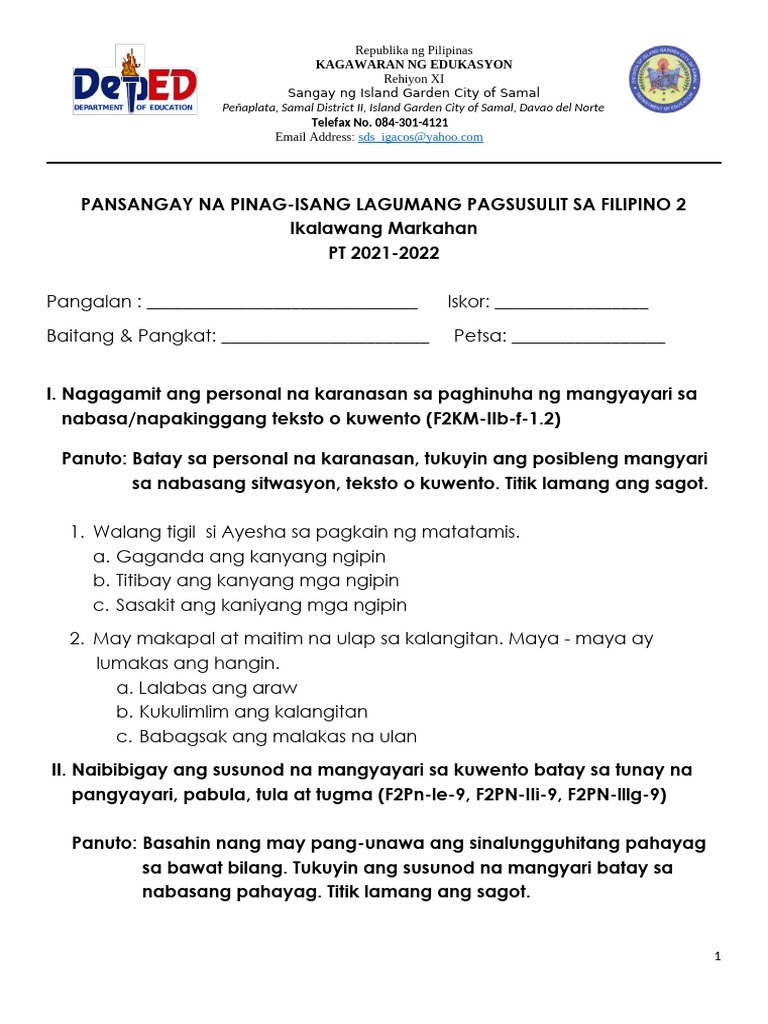 Filipino 2-Q2-Unified Assessment Test 2021-2022 | PDF