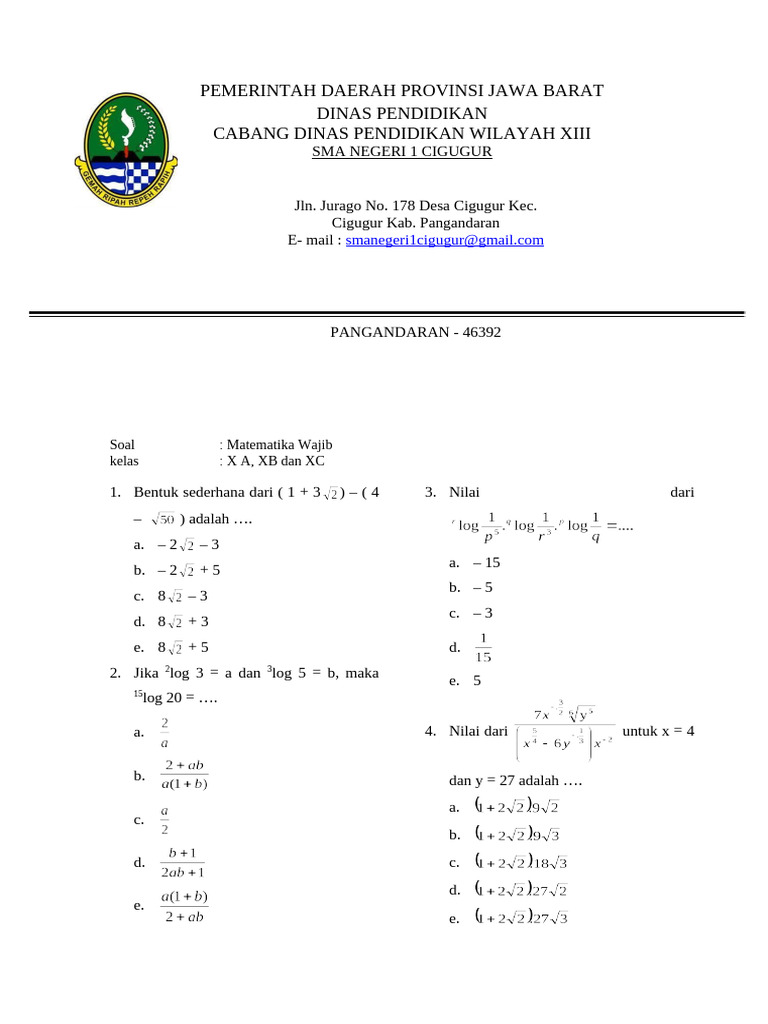 Soal Matematika Wajib Kelas X | PDF