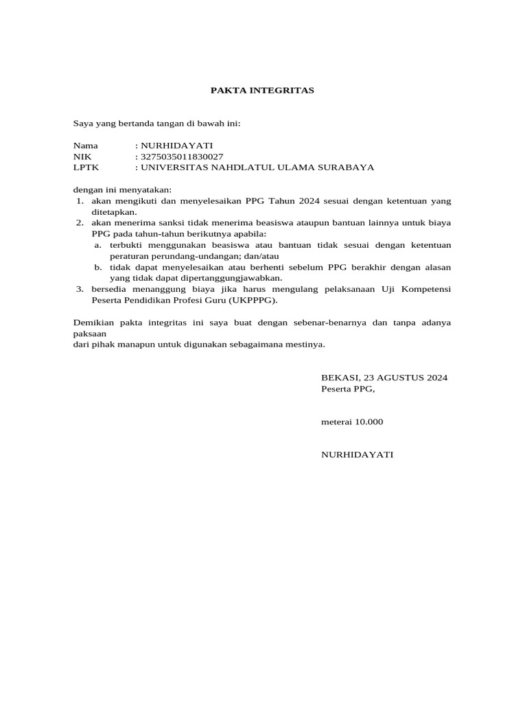 pakta integritas ppg guru tertentu 2024 | PDF