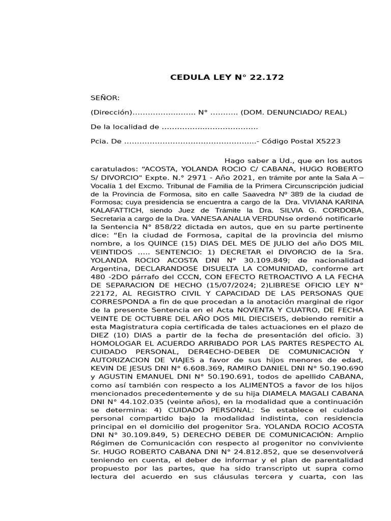 Cedula Ley 22172 | PDF | Instituciones sociales | Justicia
