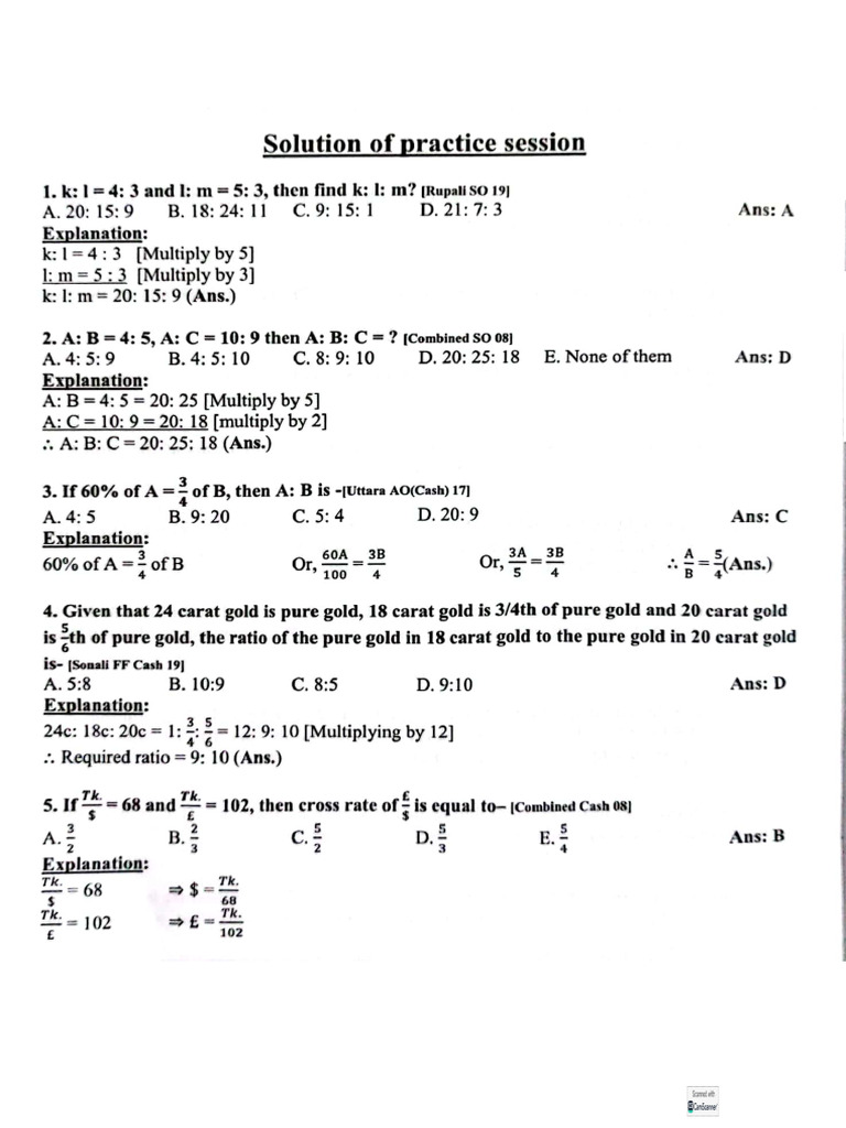 Answer of Ratio Practice Sheet | PDF