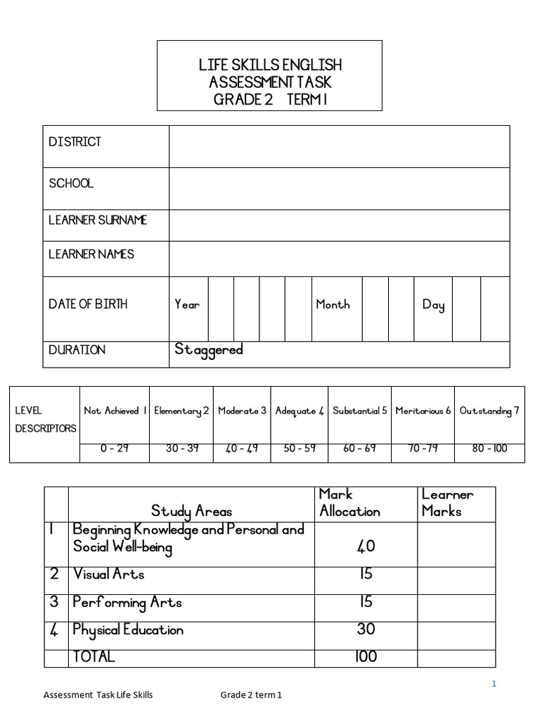 LIFE SKILLS ENGLISH ASSESSMENT TASK TERM 1 GRADE 2 2024 | PDF