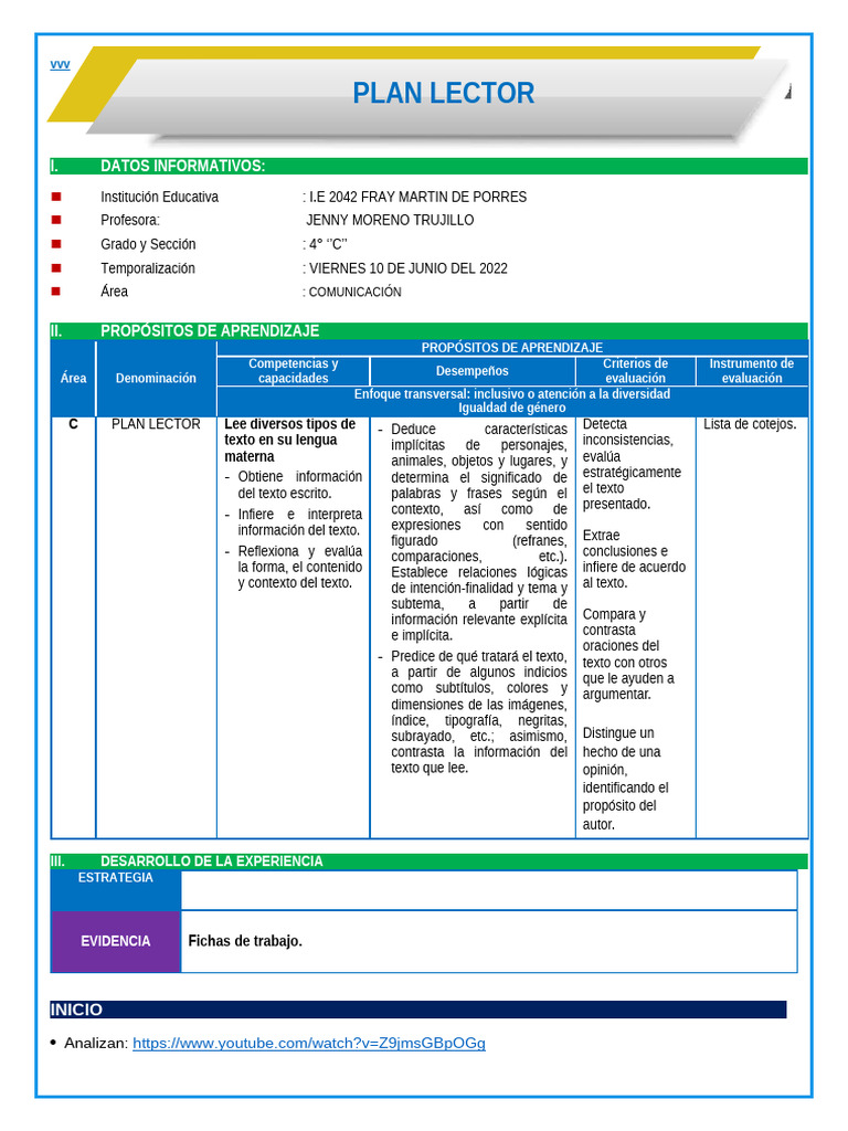 4° SESION COM-10 DE JUNIO PLA LECTOR | PDF | Evaluación | Cognición