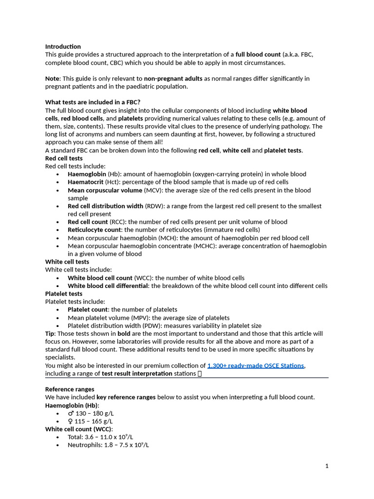 Full Blood Count Interpretation Guide | PDF | Anemia | White Blood Cell