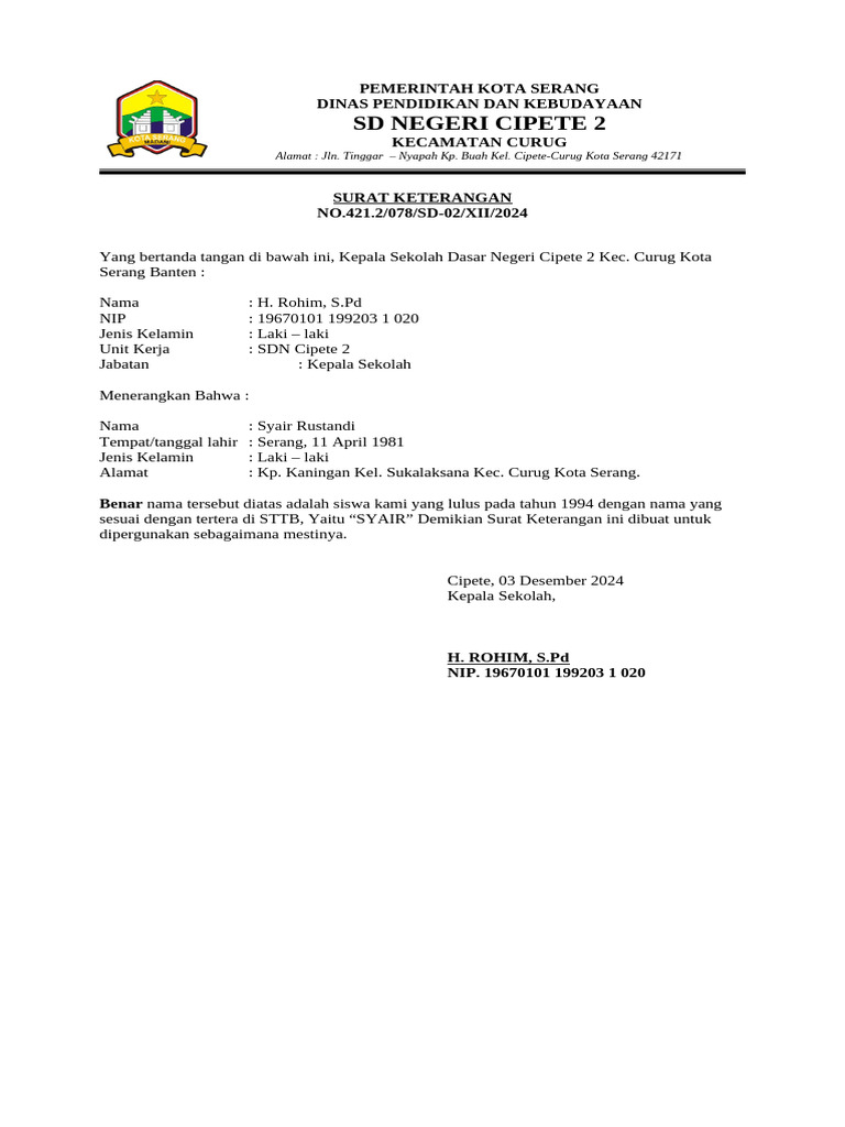 Surat Keterangan Lulusan SD | PDF