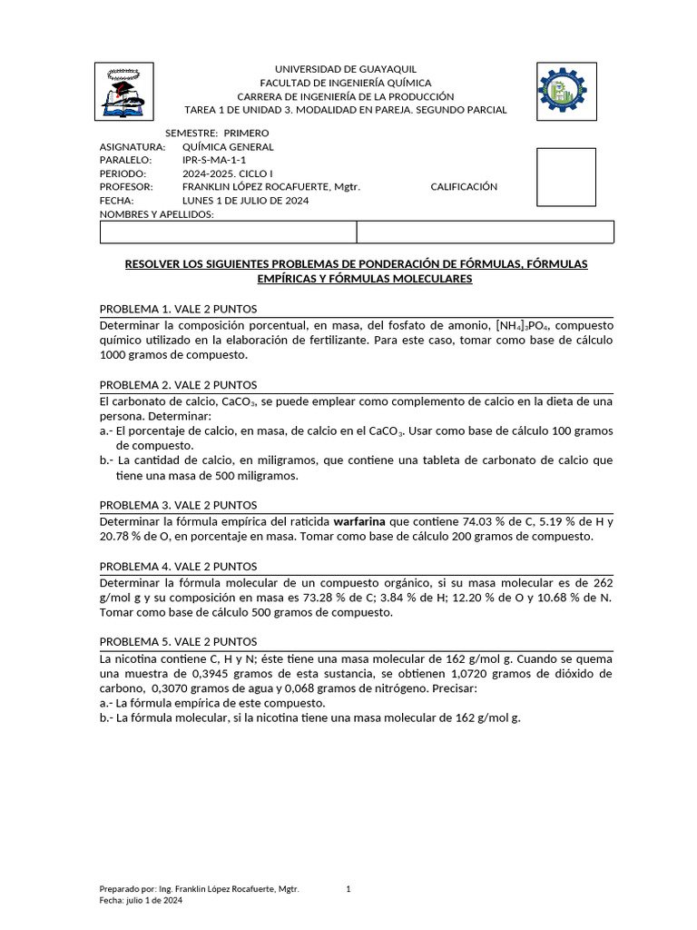 Tarea N°1 - Unidad 3 - Composición Porcentual - Formulas Empíricas y ...
