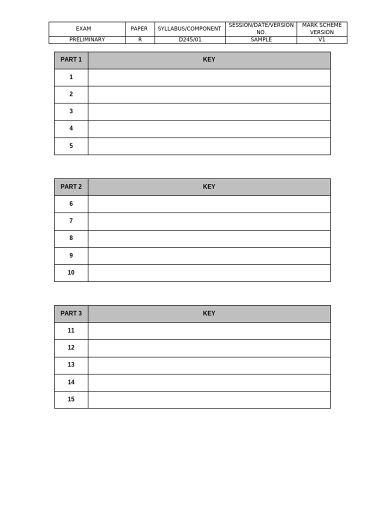 B1 Preliminary Answer Sheet | PDF