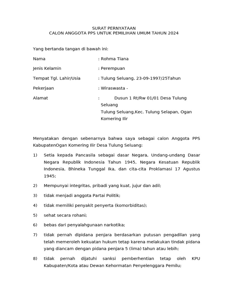 Surat Pernyataan Calon Anggota PPS 2024 | PDF