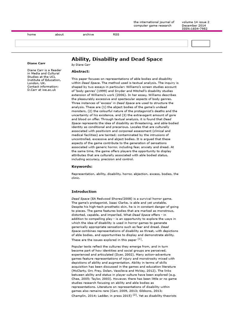 Carr, Diane - Ability, Disability and Dead Space | PDF | Disability ...