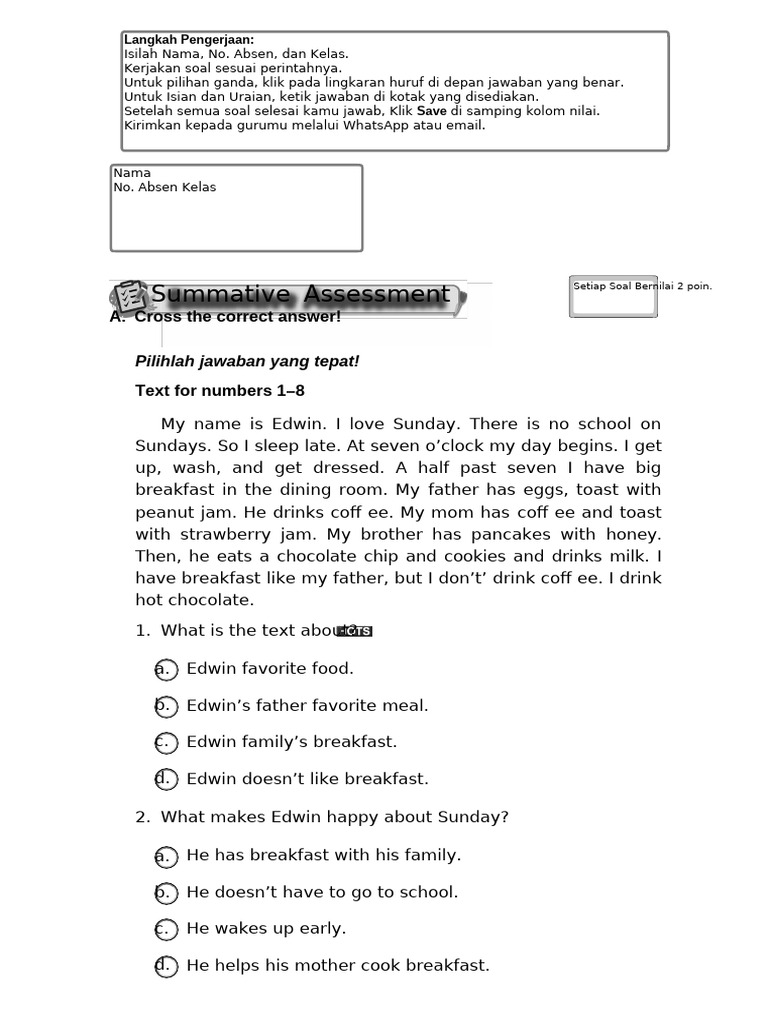 SD Bahasa Inggris 3 Summative Assessment Unit 3 | PDF | Lunch | Dinner