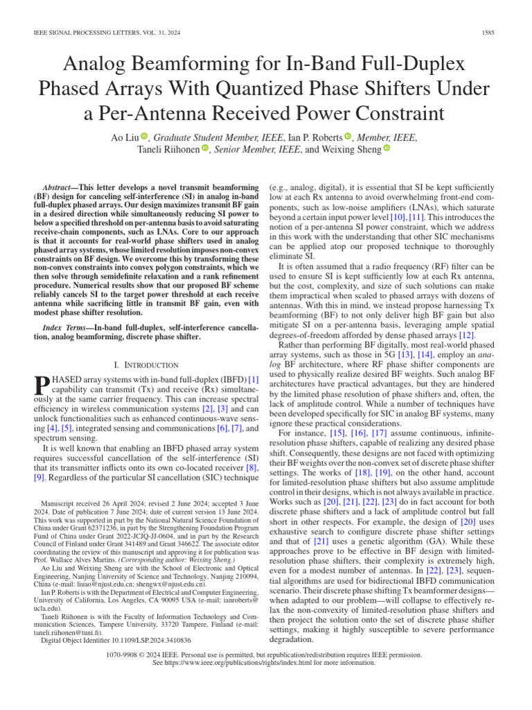 Analog Beamforming For In-Band Full-Duplex Phased Arrays With Quantized ...