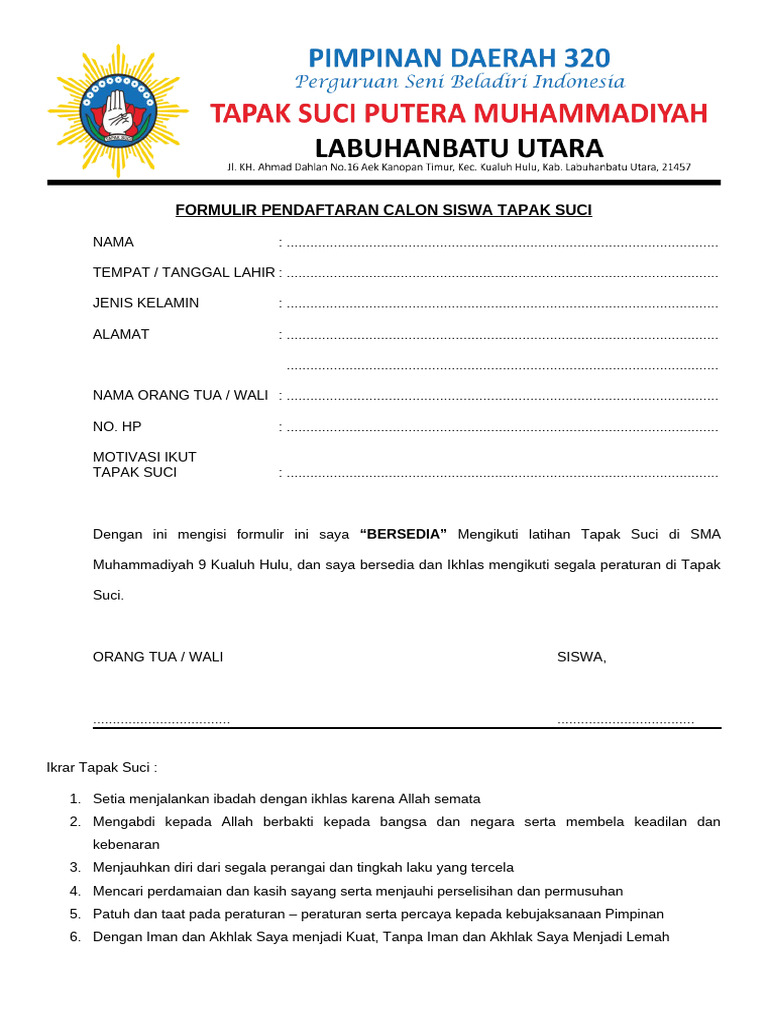 Formulir Pendaftaran Tapak Suci | PDF