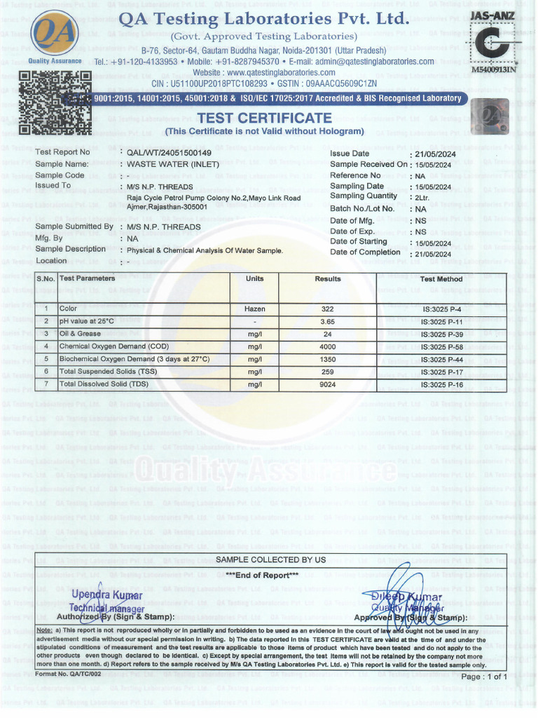 Waste Water Test Report | PDF