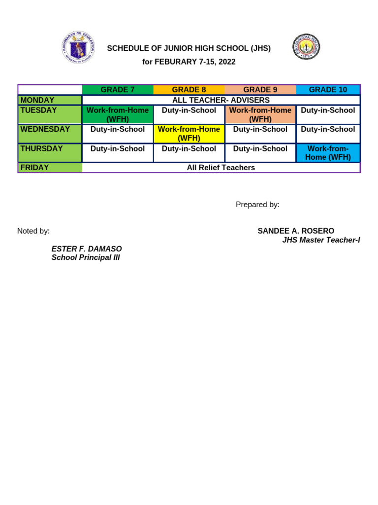 JHS Schedule: Feb 7-15, 2022 | PDF