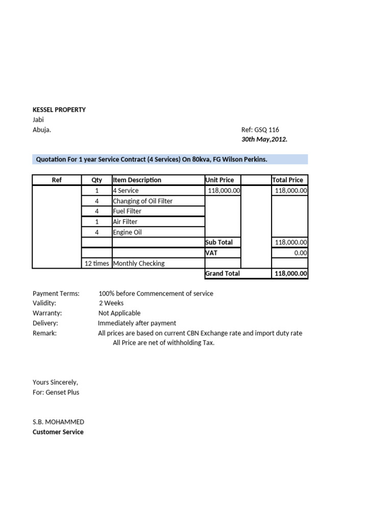 Kessel Property 80 KVA 6 SERVICE QUOTATION | PDF