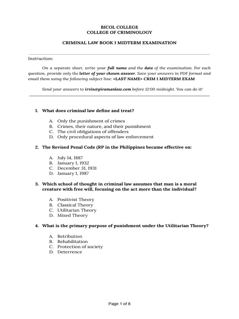 Criminal Law 1 Midterm Exam Instructions | PDF | Crimes | Crime & Violence