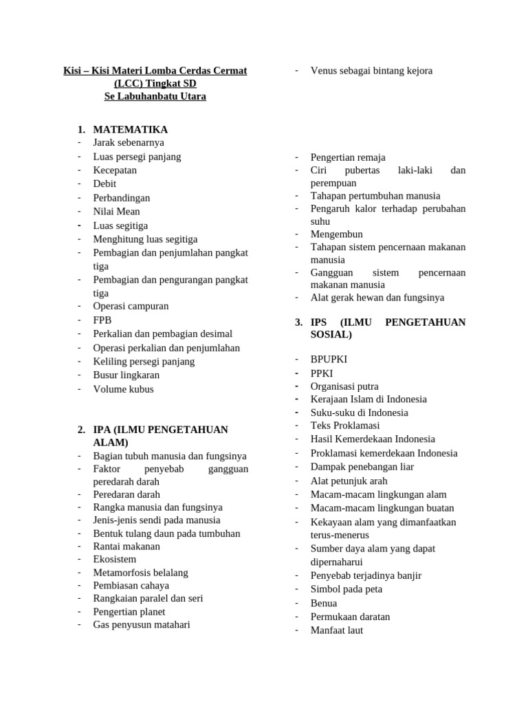 Kisi-Kisi LCC SD | PDF