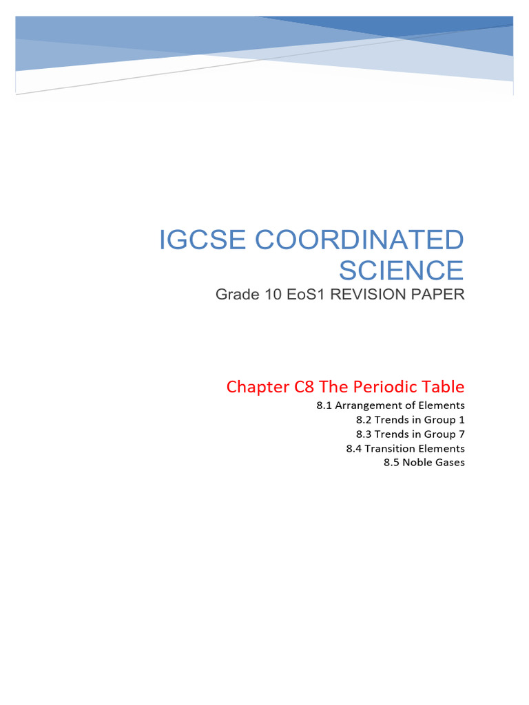 G10 IGCSE Unit C8 Revision Paper | PDF | Chlorine | Iodine
