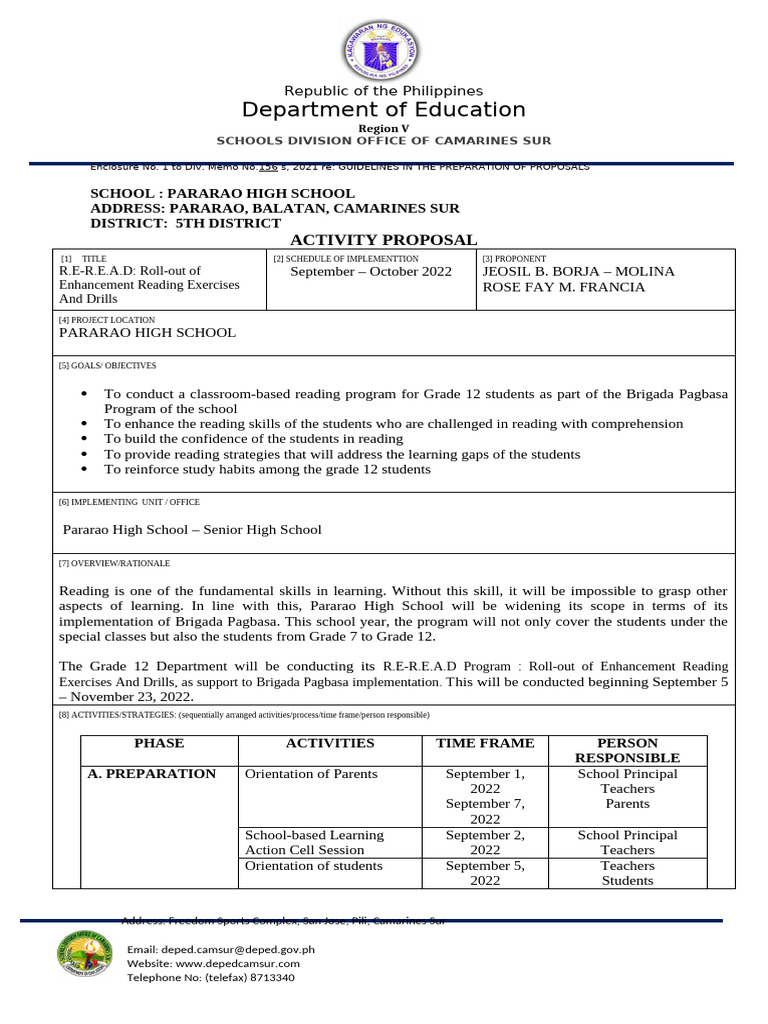 Activity Proposal Reread 1 | PDF | Behavior Modification | Cognition