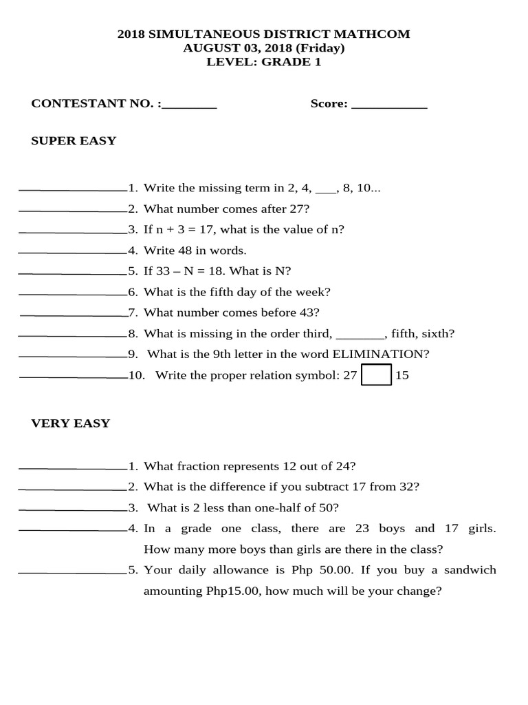 Grade 1-4 Math Competition Questions | PDF | Area | Elementary Mathematics