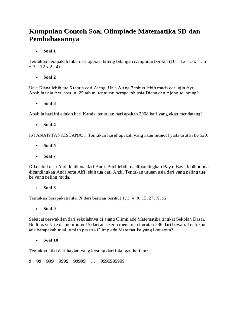 Kumpulan Contoh Soal Olimpiade Matematika SD Dan Pembahasannya | PDF