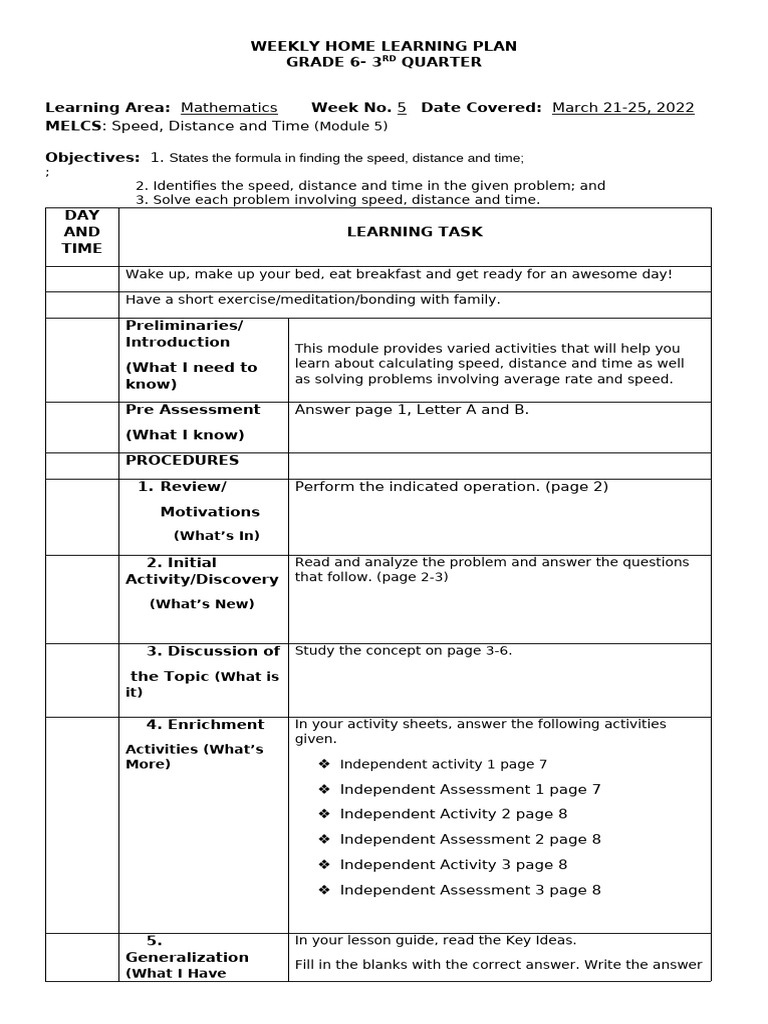 q3 Math Week 5 Weekly Home Learning Plan | PDF | Mathematics | Learning