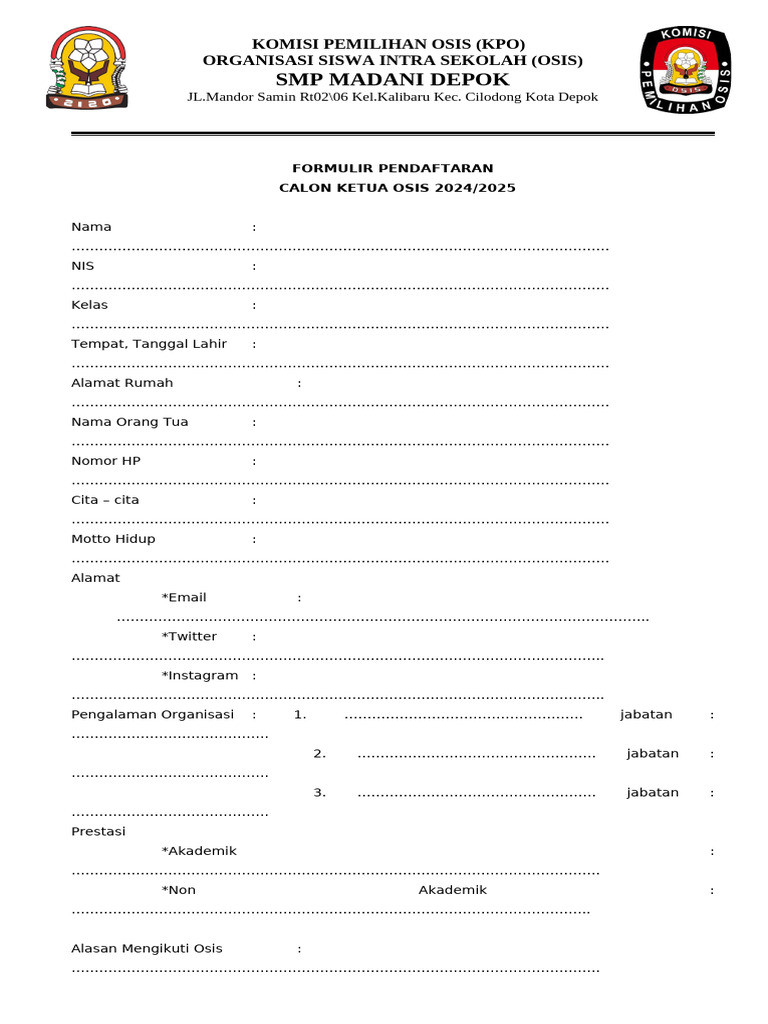 Formulir-Pendaftaran-Osis - SMP | PDF