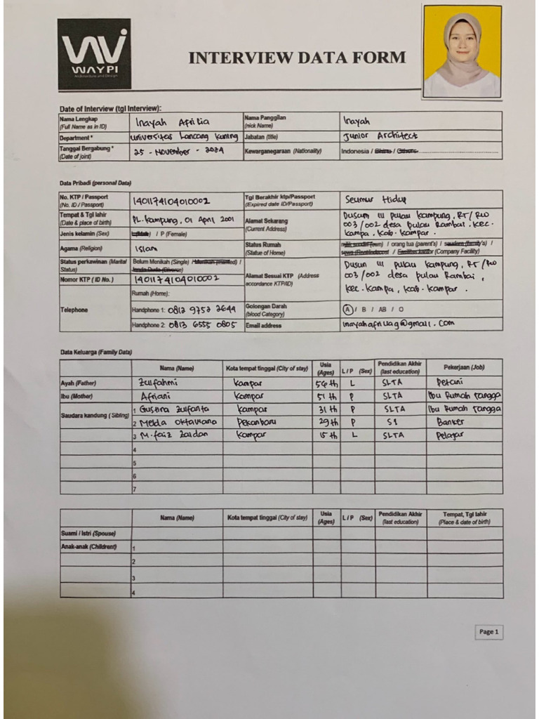 WAYPI INTERVIEW DATA FORM - Inayah Afrilia | PDF