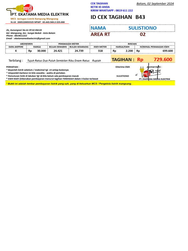 Kwitansi Listrik September - Invoice | PDF