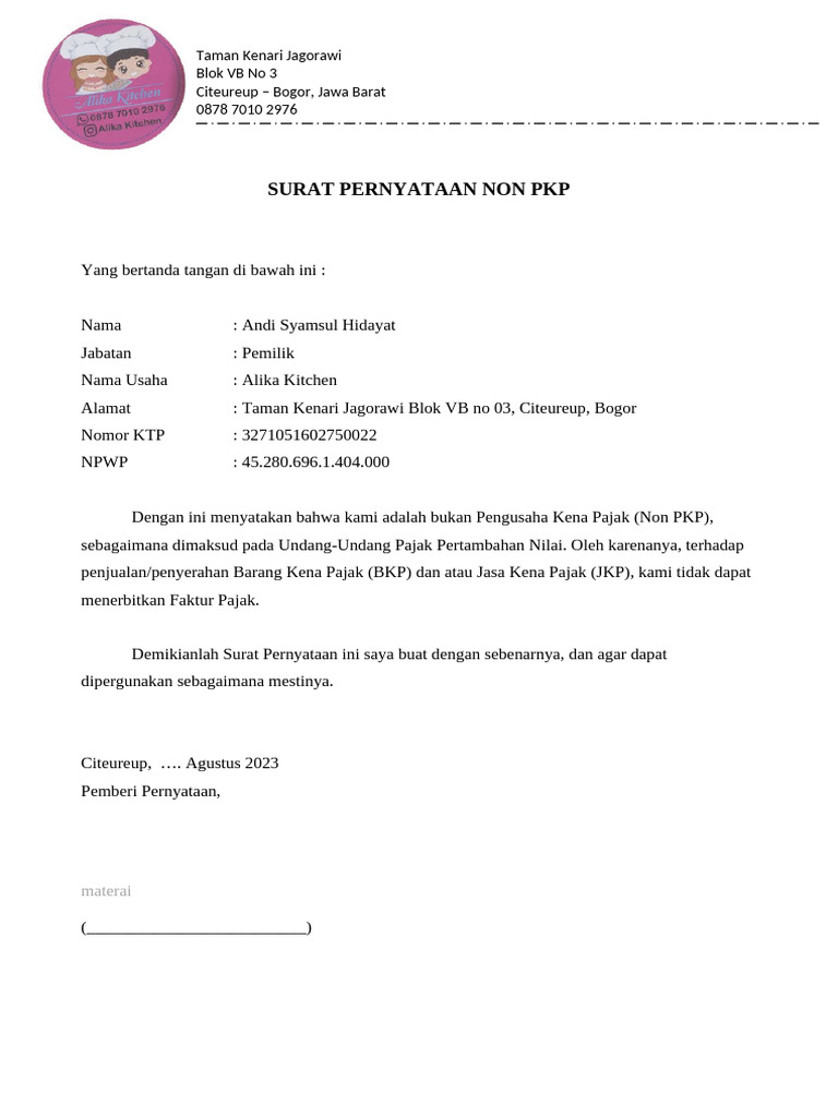 Surat Pernyataan Non PKP | PDF