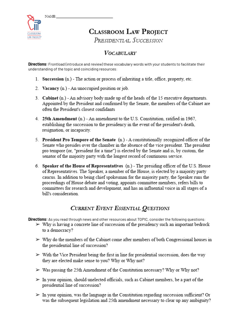 Presidential Succession Vocabulary Essential Questions.v2 | PDF ...