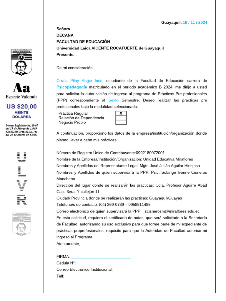 2.F - Solicitud de Autorización para El Programa de Prácticas Pre Profesionales (PPP) | PDF
