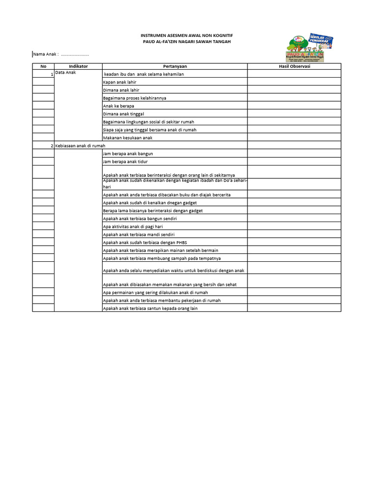 Instrumen Asesmen Awal Non Kognitif-Transisi PAUD SD | PDF