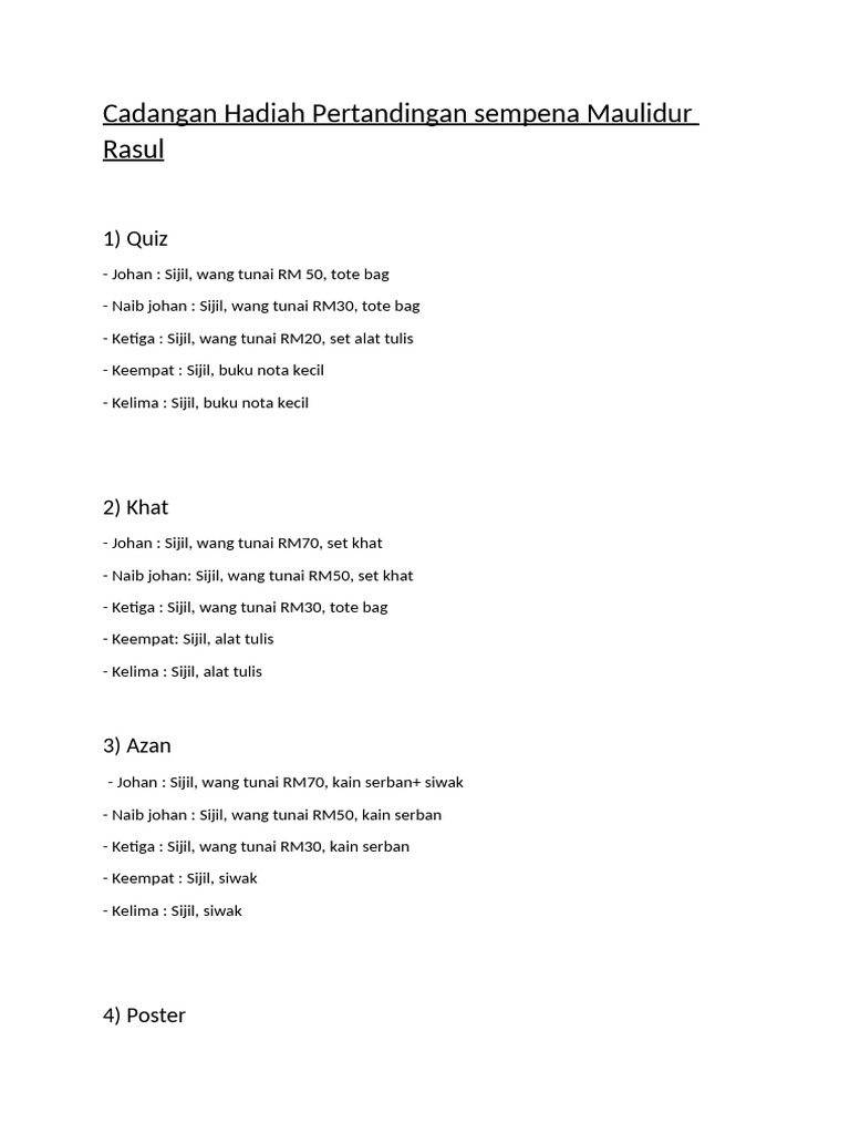 Cadangan Hadiah Pertandingan Sempena Maulidur Rasul | PDF