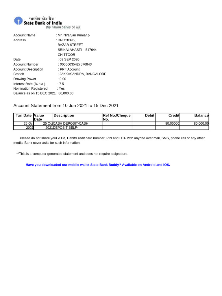 PPF Account Statement for Niranjan Kumar | PDF