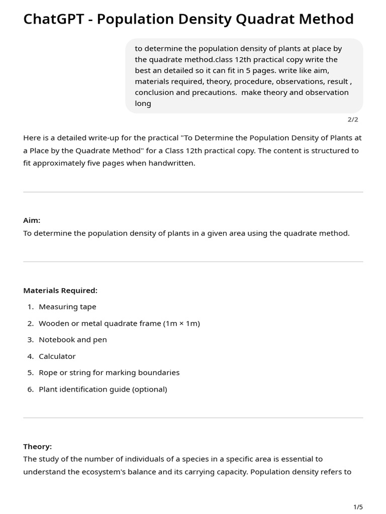 ChatGPT - Population Density Quadrat Method | PDF | Sampling (Statistics) | Area