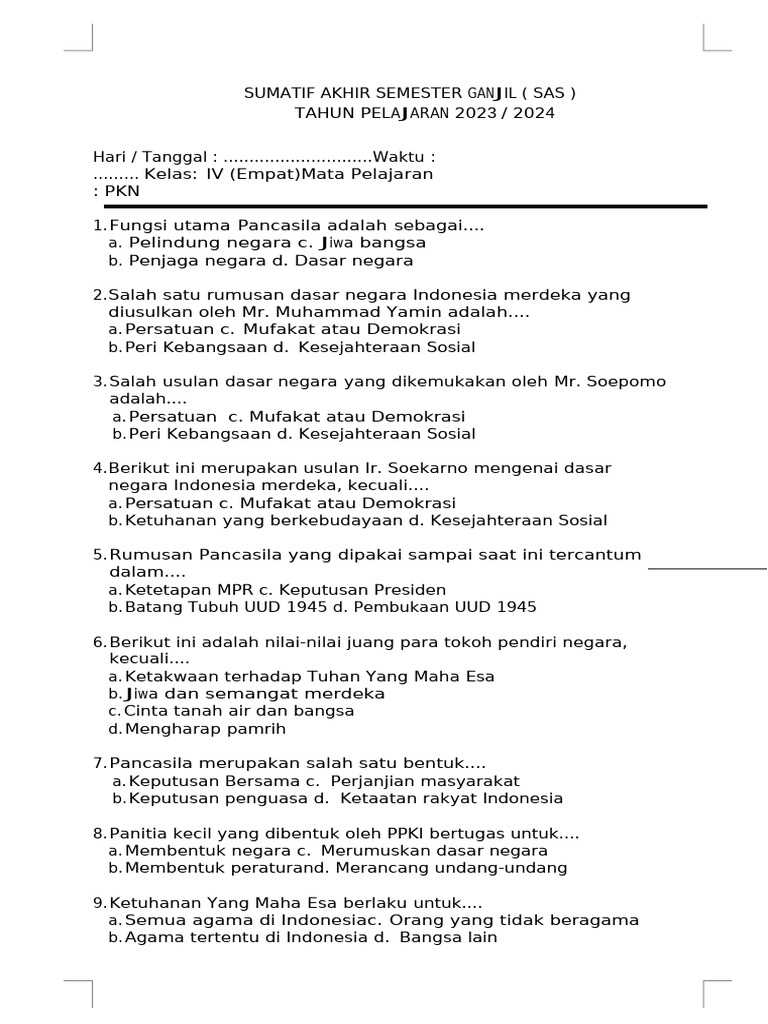 SOAL PTS PKN KELAS IV Fix | PDF