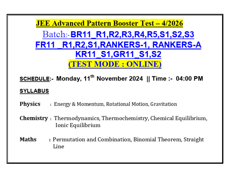 JEE Adv Pattern Booster Test_Gen-1_XI_11.11.2024 | PDF