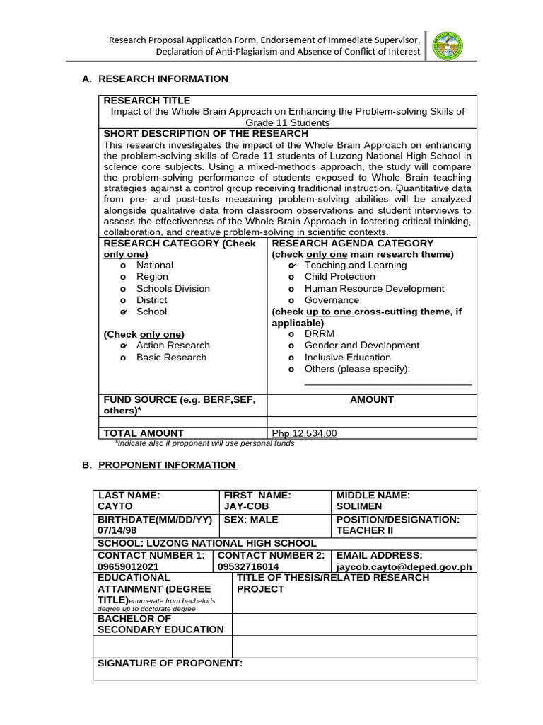 Research Proposal Application Template | PDF | Cognition | Learning