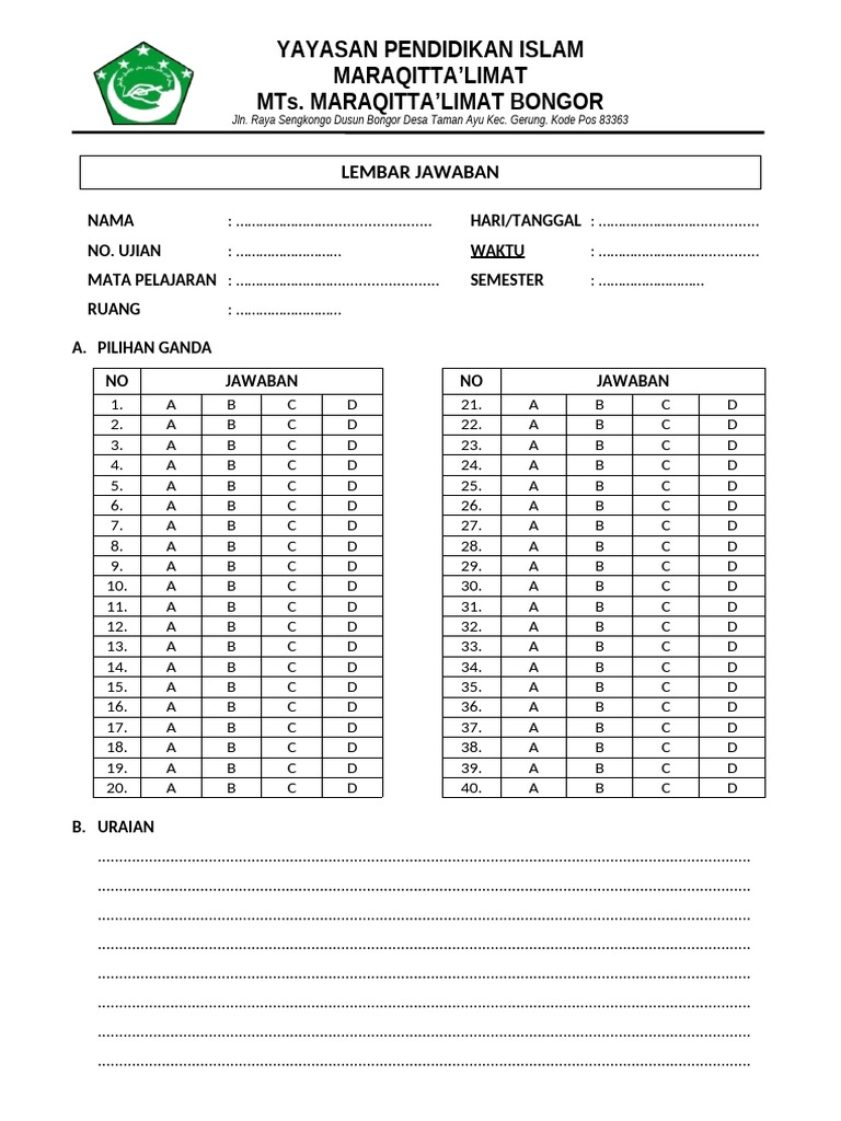 Lembar Jawaban Soal PG Dan Essay A4 | PDF