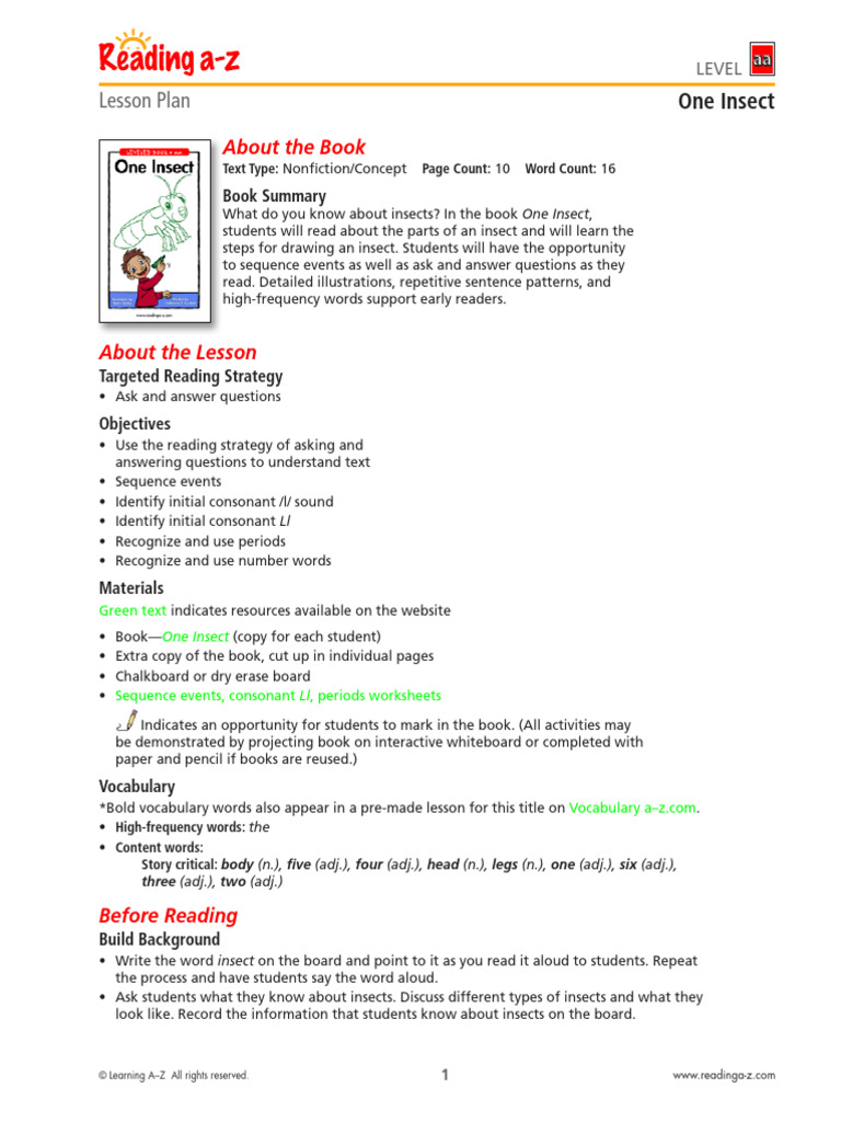 Insect Lesson Plan for Early Readers | PDF | Toothbrush | Reading ...