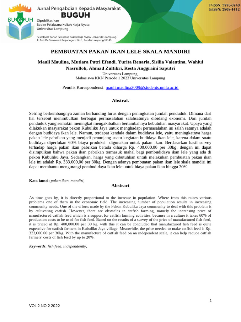 Jurnal Buguh Pembuatan Pakan Ikan Skala Mandiri Pekon Kubuliku Jaya | PDF