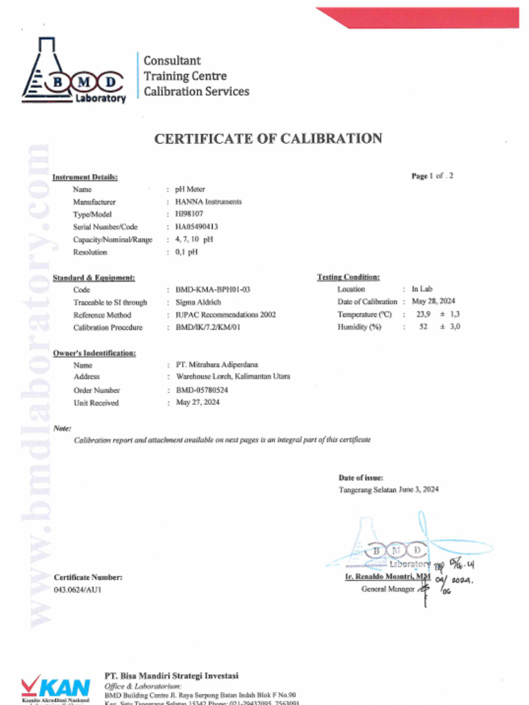 Certificate of calibration pH Meter_2024 | PDF