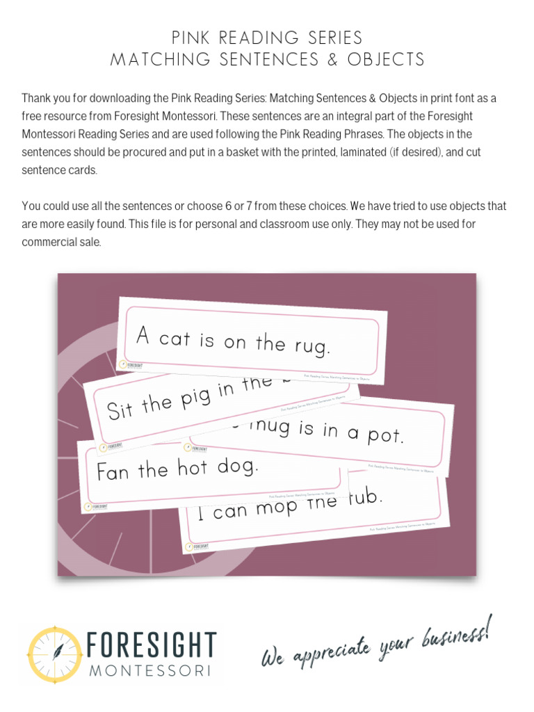 Pink Reading Matching Sentences To Objects Print Foresight | PDF ...