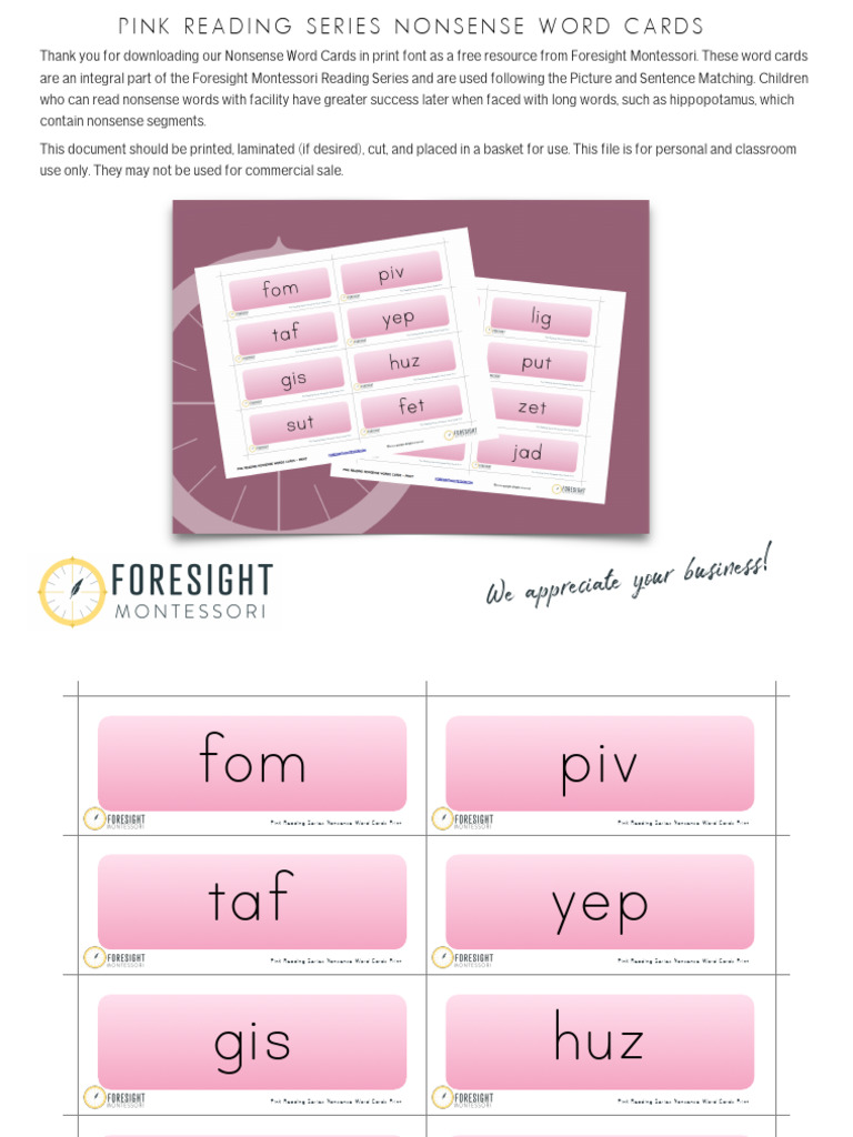 Pink Reading Nonsense Word Cards Print Foresight | PDF