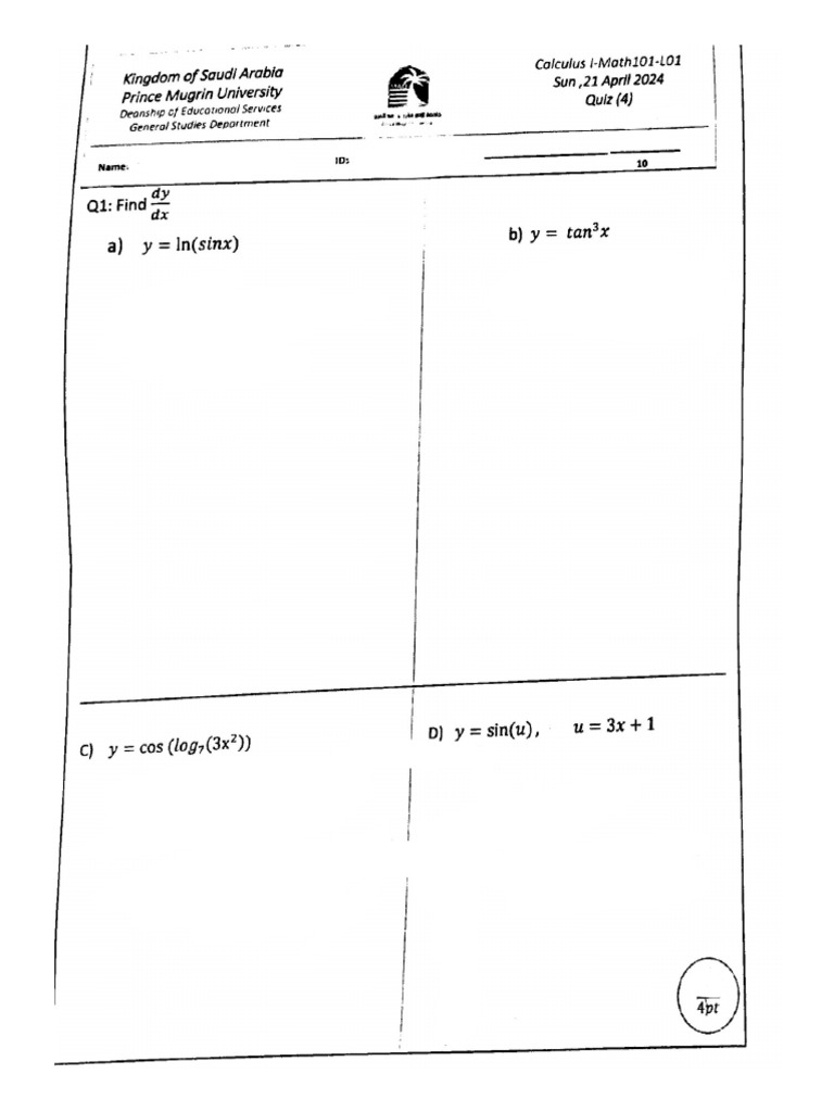 Quiz4,2024 Cal1 | PDF