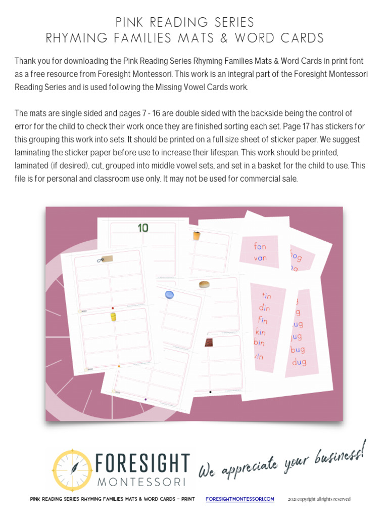 Pink Reading Rhyming Families Mats and Word Cards Print Foresight | PDF ...