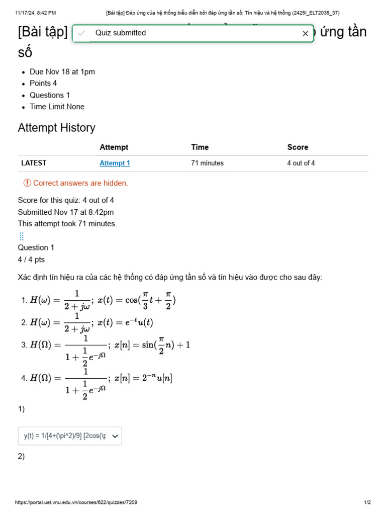 (Bài tập) Đáp ứng của hệ thống biểu diễn bởi đáp ứng tần số - Tín hiệu và hệ thống (2425I ...