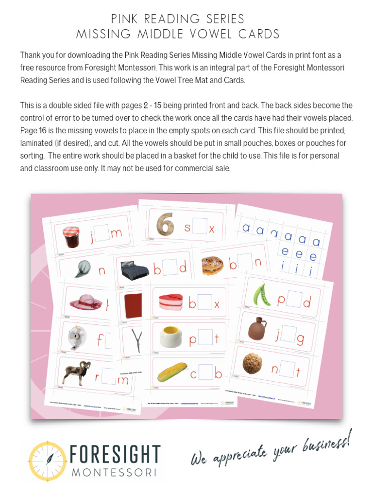 Pink Reading Series Missing Middle Vowels Cards Print Foresight | PDF ...