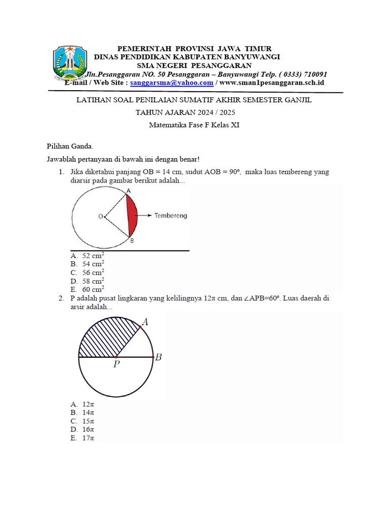 Latihan Soal Matematika Kelas 11 Ujian Semester Ganjil 2024 SMA Sanggar | PDF